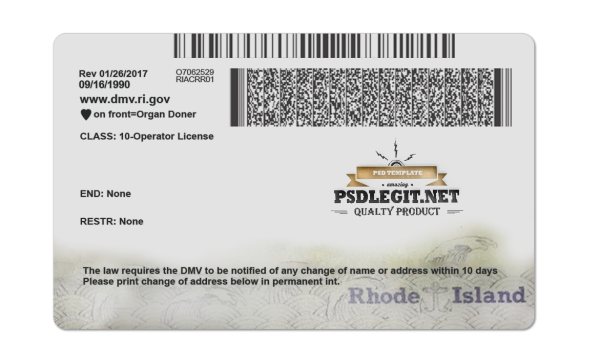 Rhode Island Driver License PSD Template - PSDLEGIT